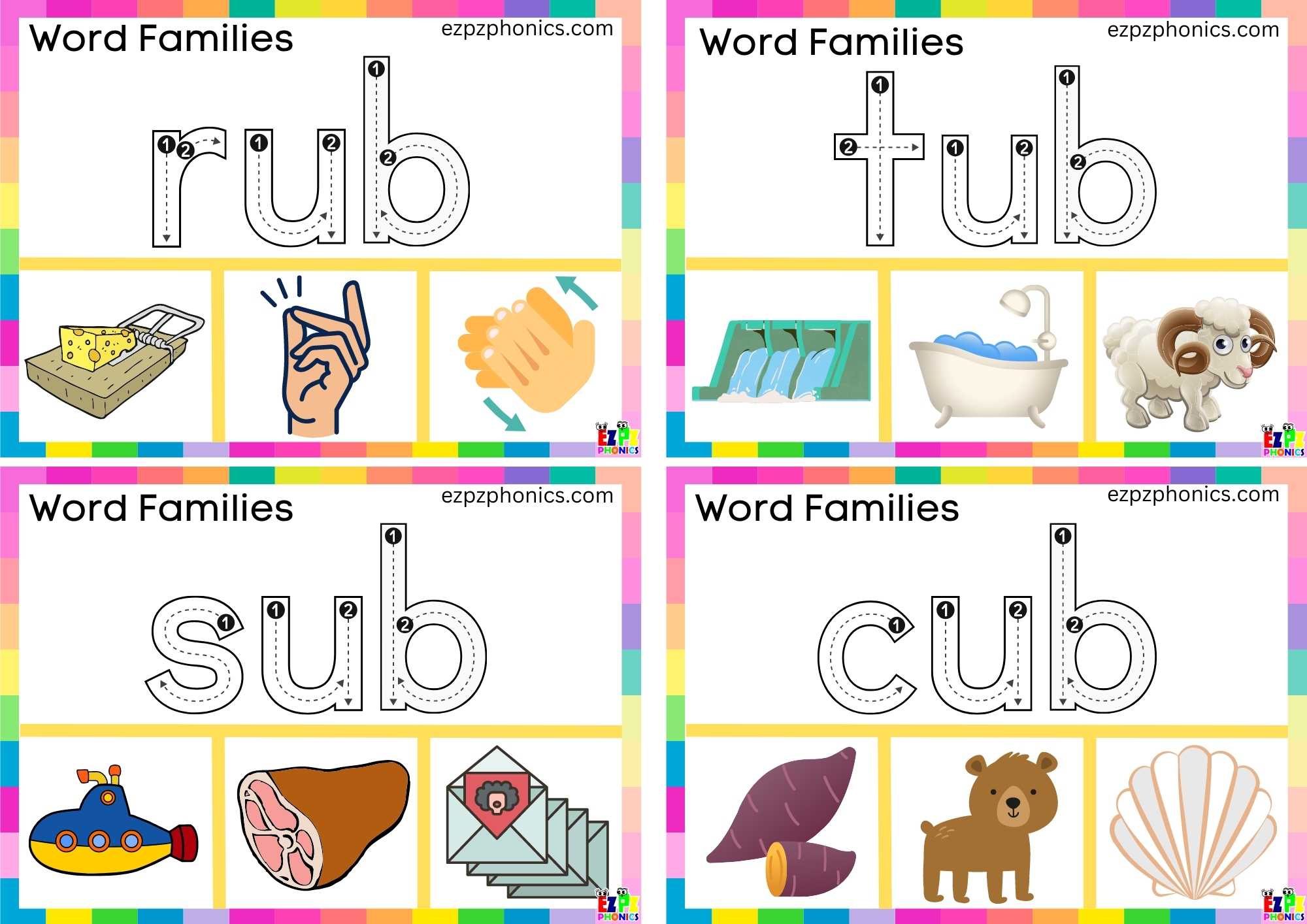 Word Family ub Trace the word and clip the correct image Clip cards - ezpzphonics.com